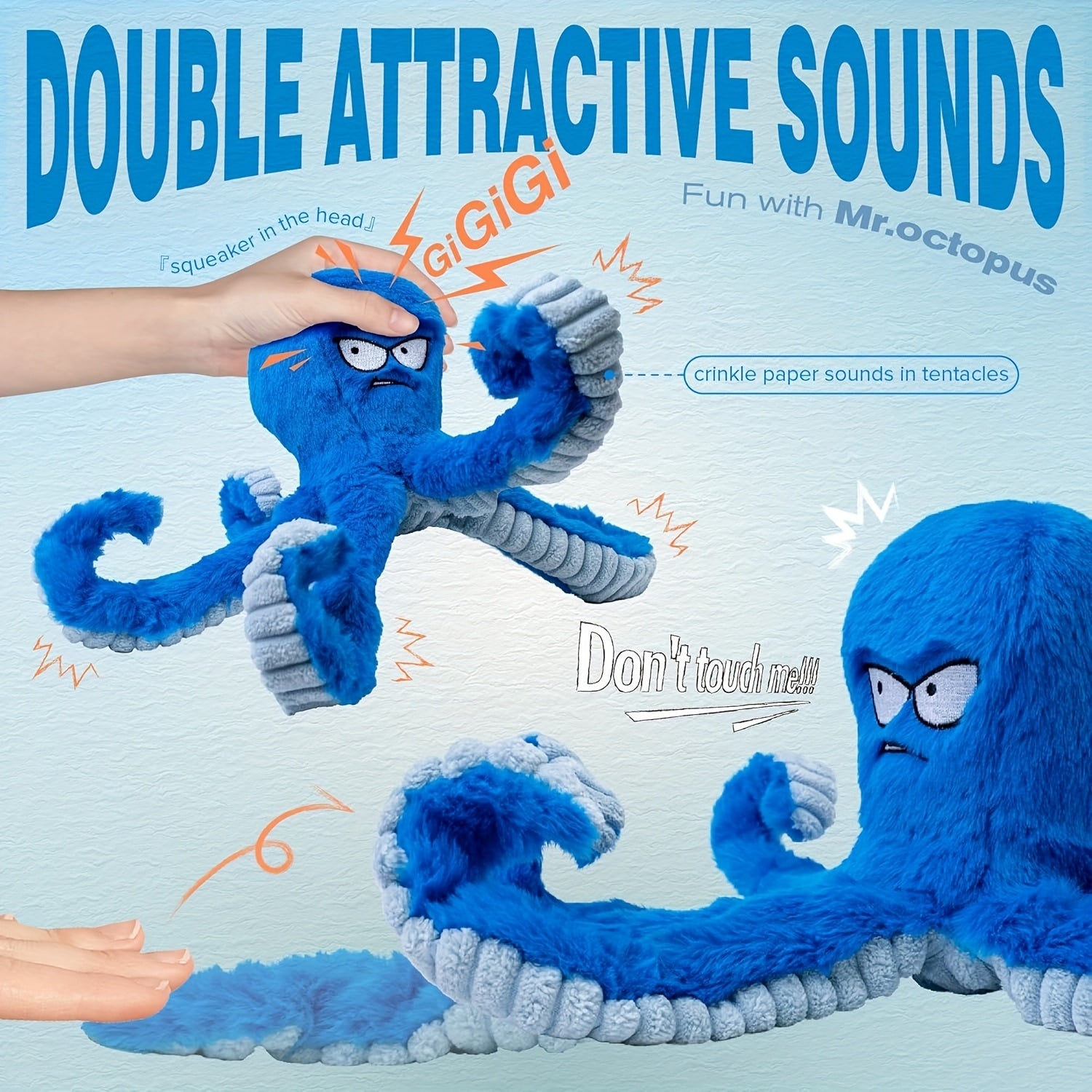 HighPeak Tough Dog Toy – Blue Octopus With Squeaker & Crinkle Fun