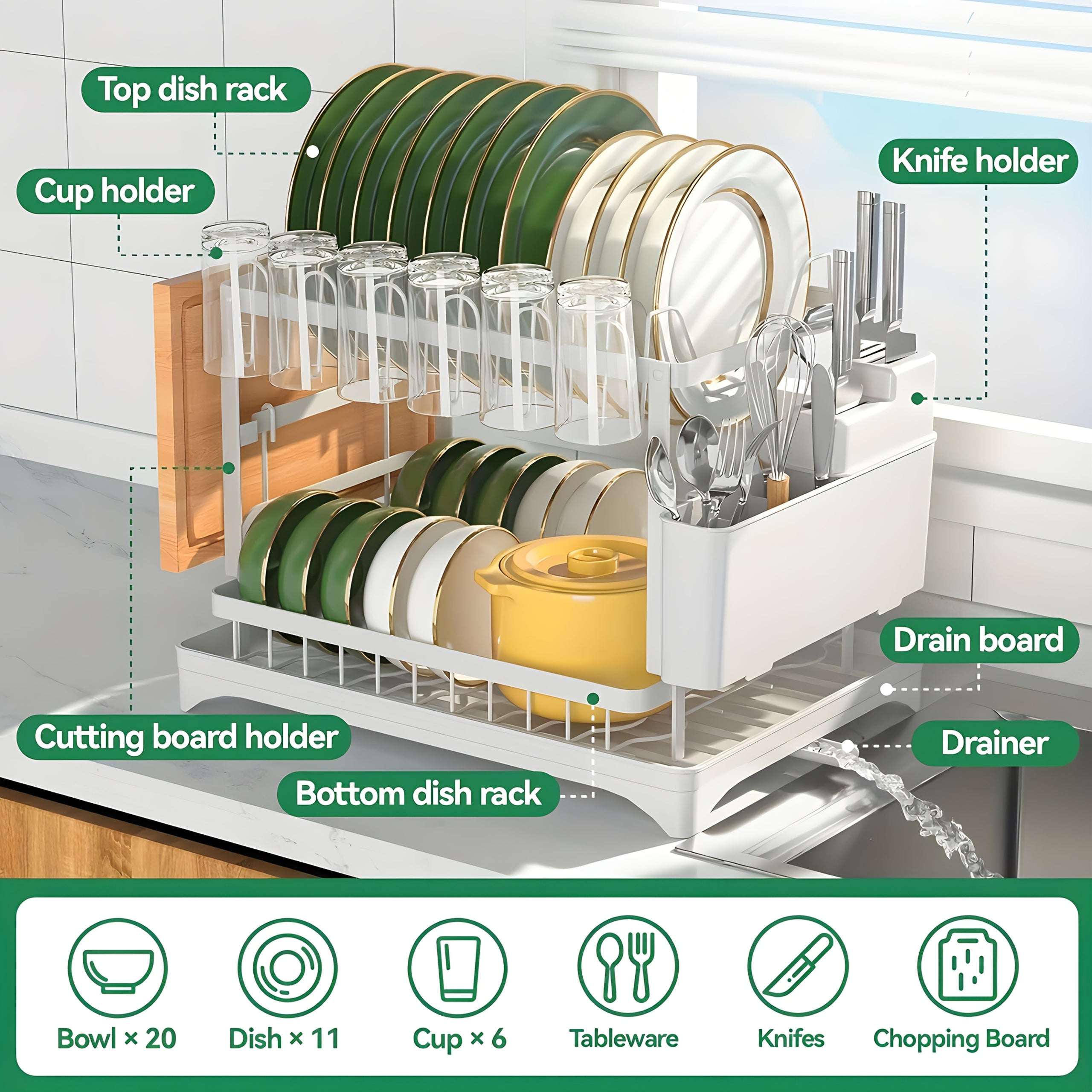 HighPeak Double-Layer Kitchen Dish Drying Rack with Drain Tray