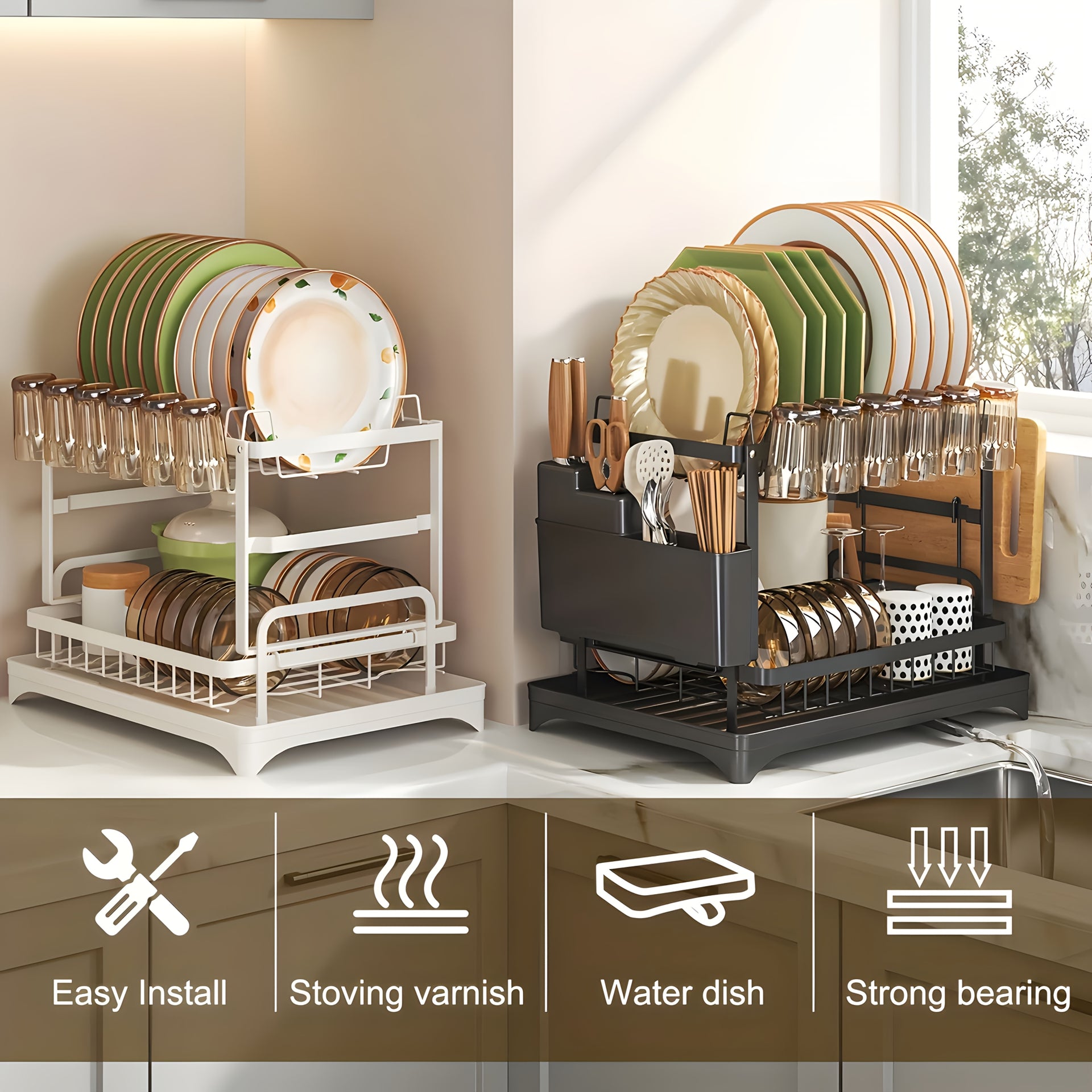 HighPeak Double-Layer Kitchen Dish Drying Rack with Drain Tray
