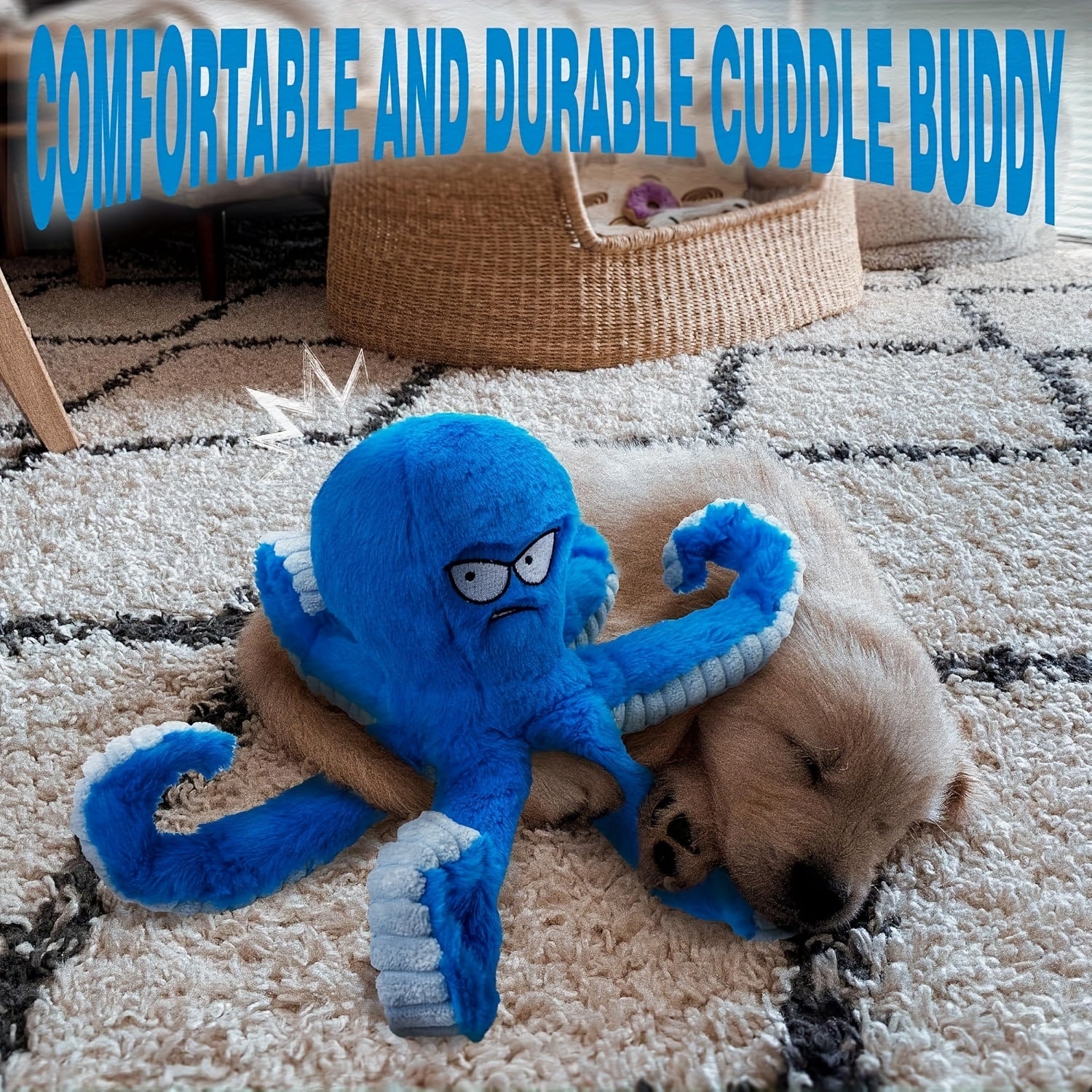 HighPeak Tough Dog Toy – Blue Octopus With Squeaker & Crinkle Fun