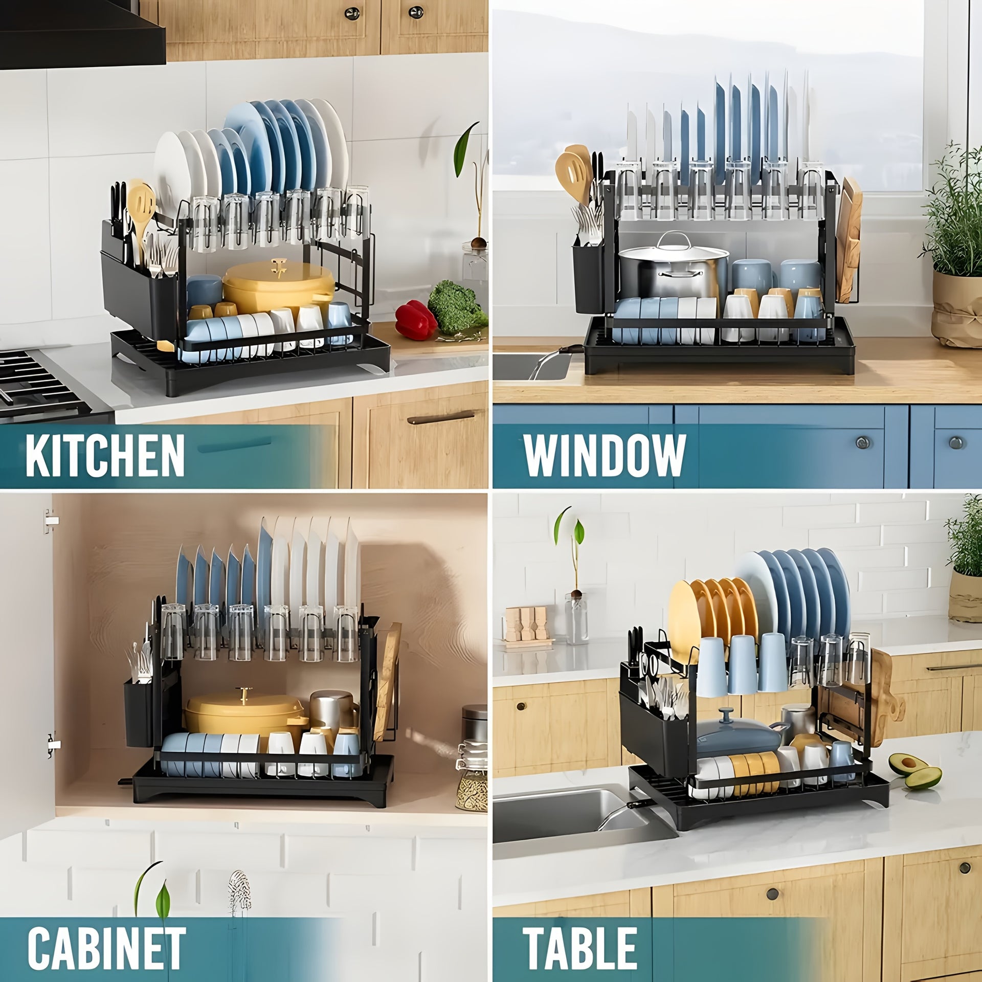 HighPeak Double-Layer Kitchen Dish Drying Rack with Drain Tray
