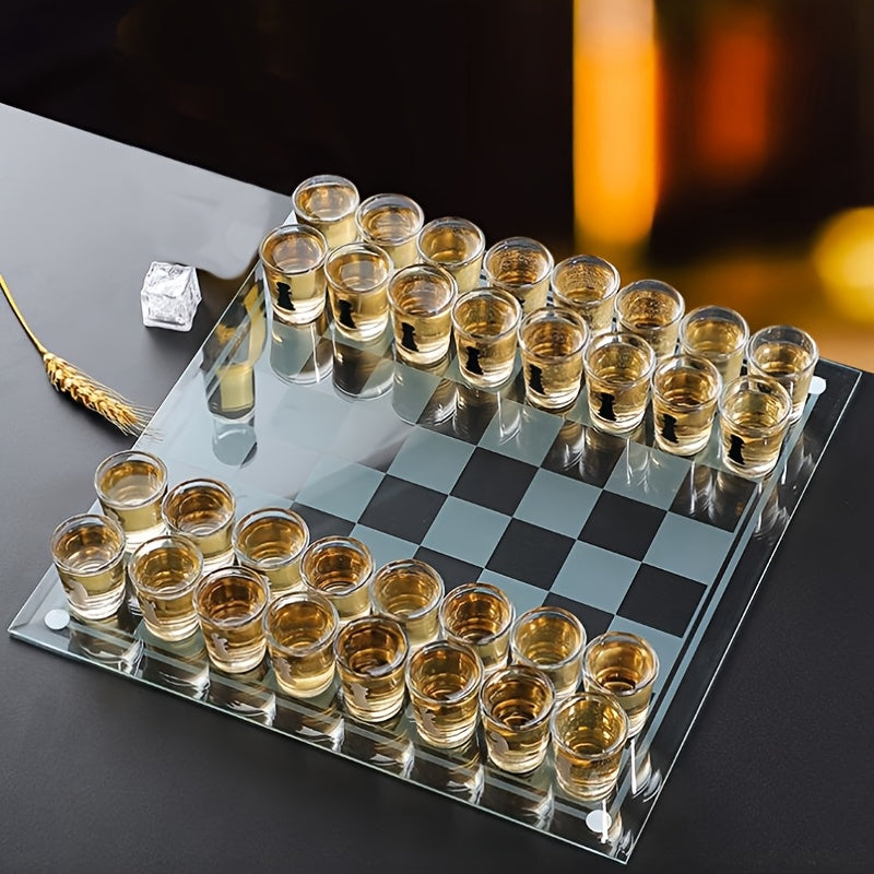 HighPeak Glass Chess Drinking Game Set with 32 Shot Glasses + Board