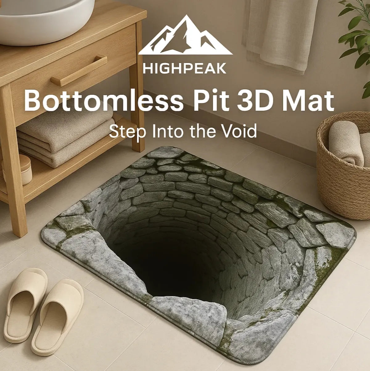 HighPeak Bottomless Pit Floor Mat – 3D Illusion Rug for Bathrooms
