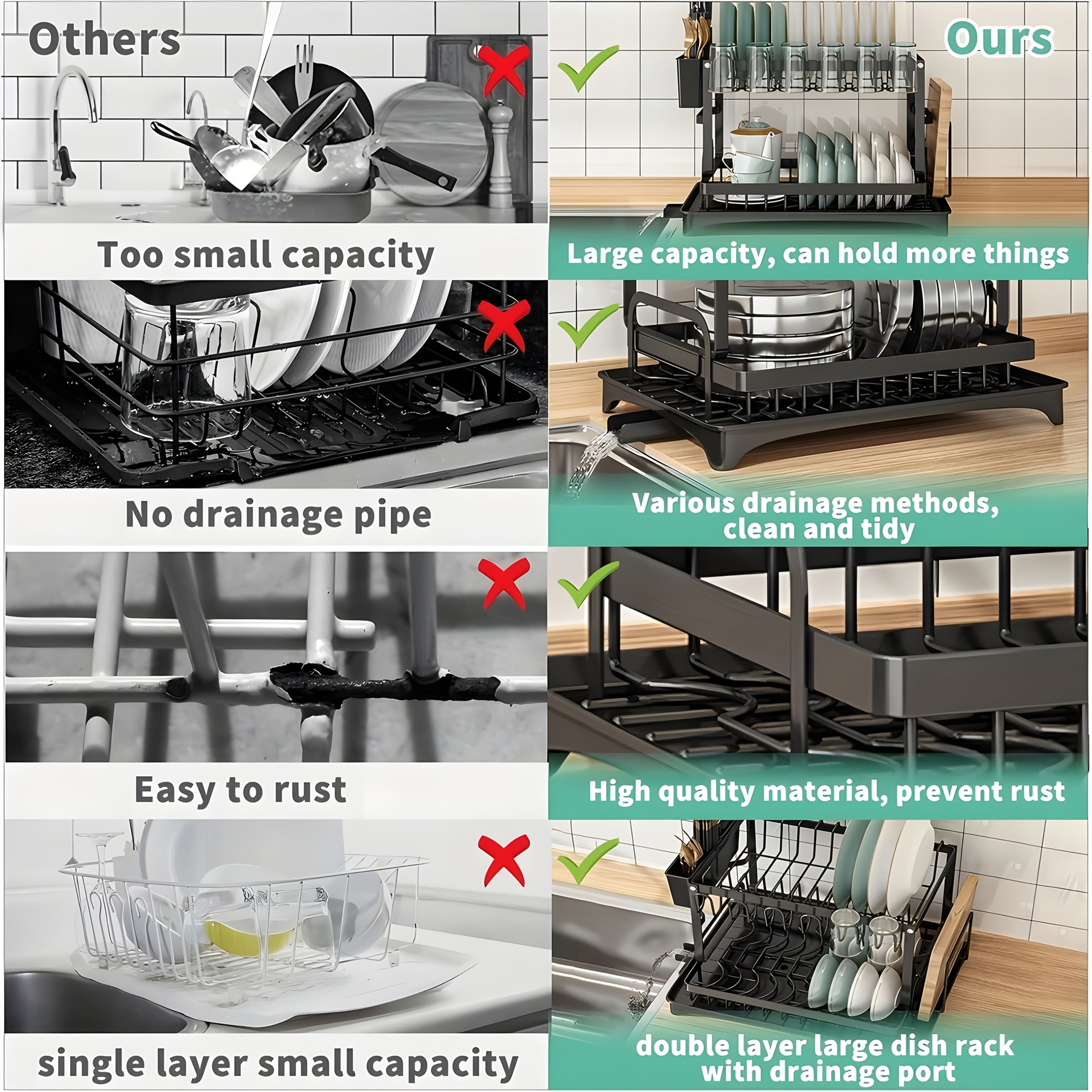 HighPeak Double-Layer Kitchen Dish Drying Rack with Drain Tray