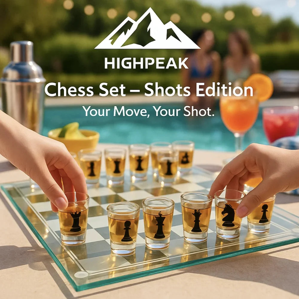HighPeak Glass Chess Drinking Game Set with 32 Shot Glasses + Board