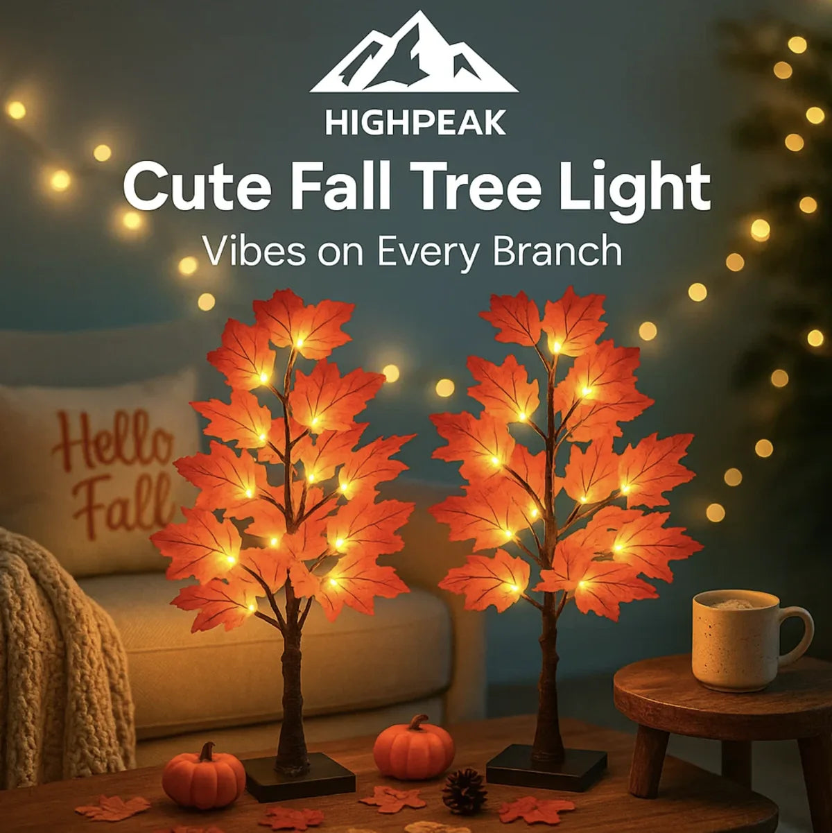 HighPeak LED Fall Tree Light with 24 Warm Maple Leaves for Fall Decor