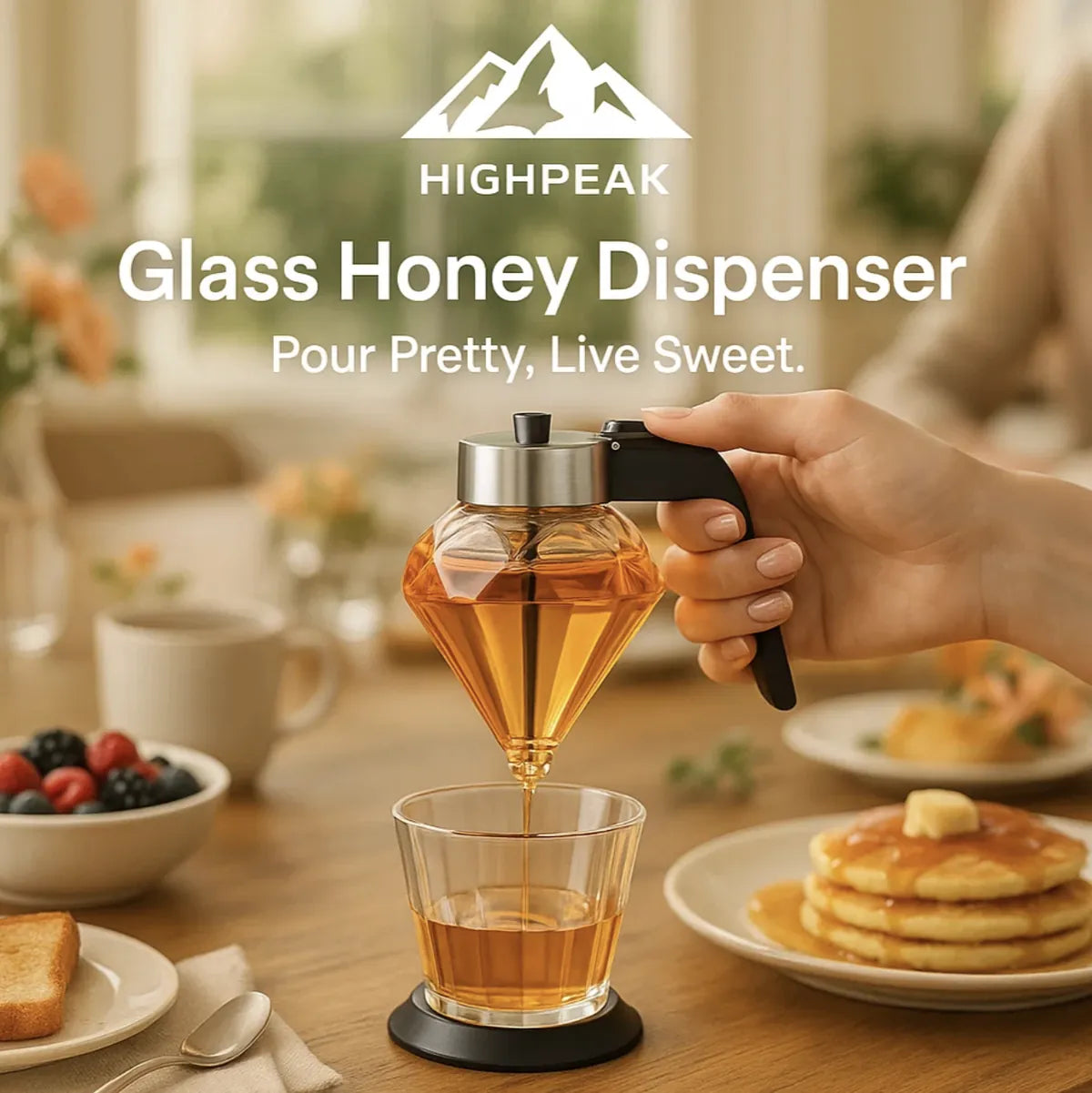 HighPeak Glass Honey Dispenser – 200ml No-Drip Diamond Syrup Jar