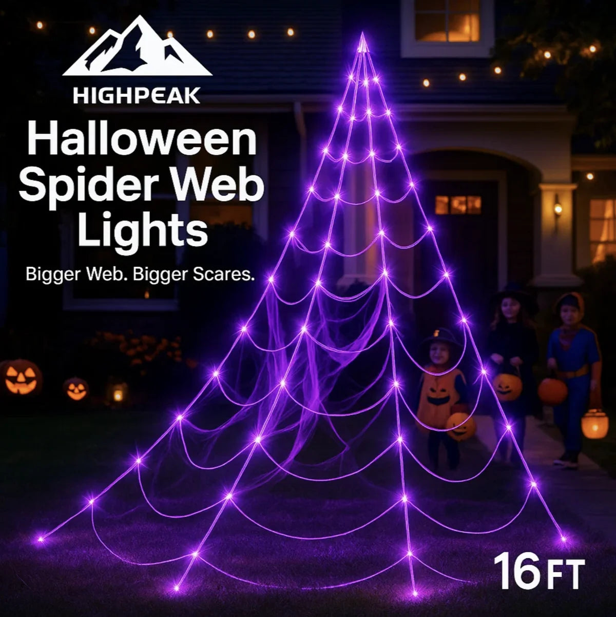 HighPeak Halloween Spider Web Lights – 16ft Giant LED Outdoor Decor