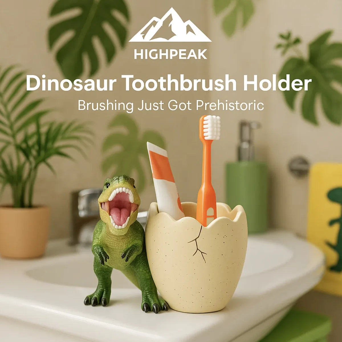 HighPeak Dinosaur Toothbrush Holder – Fun Egg Cup for Bathroom or Desk