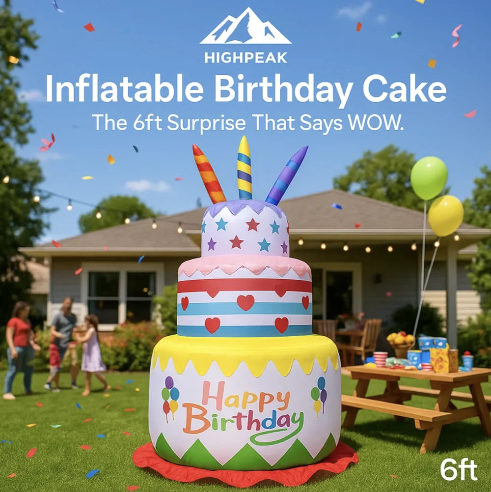 HighPeak 6ft Inflatable LED Birthday Cake Decoration – Party Display
