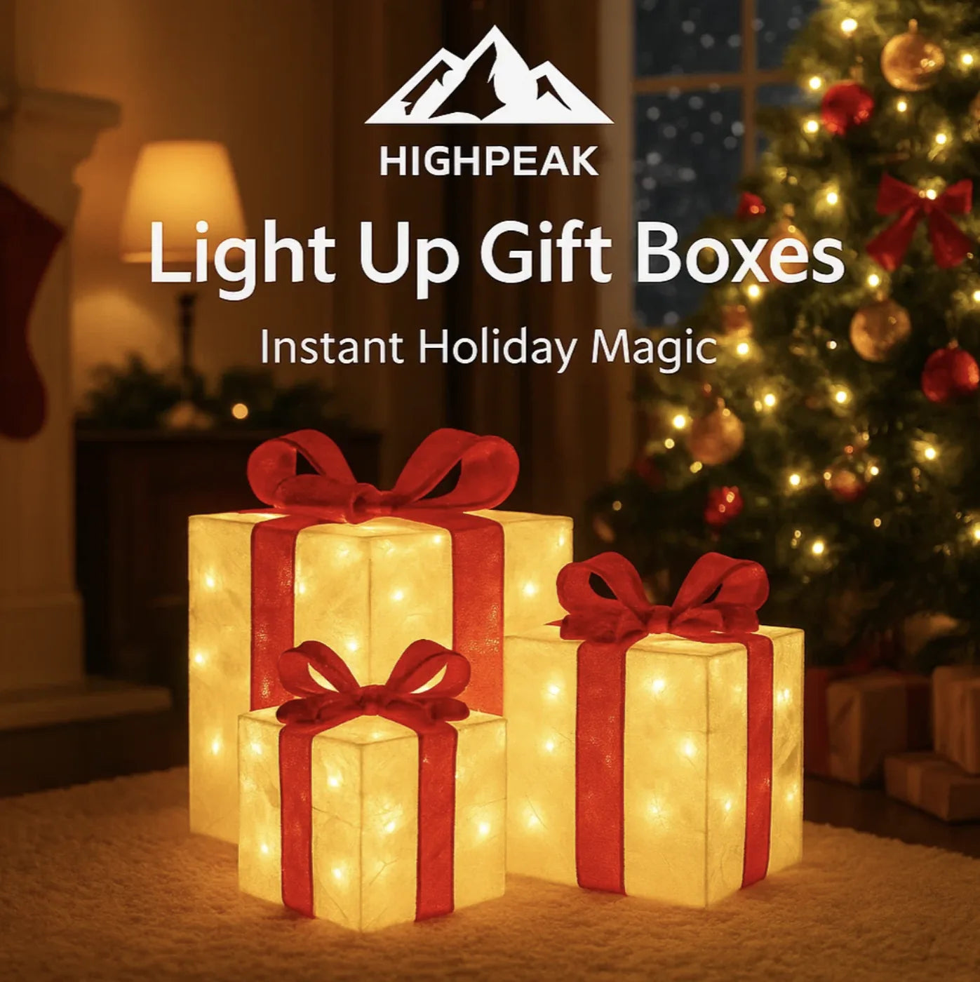HighPeak Light Up Gift Boxes Set – Glowing LED Holiday Decor Christmas