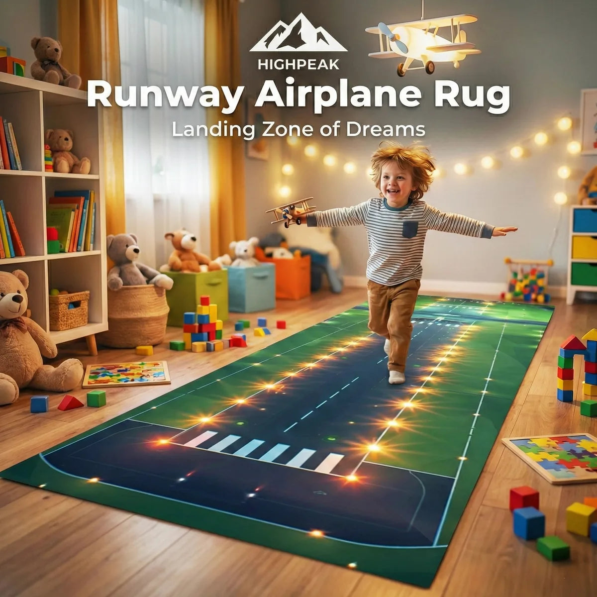 HighPeak Runway Airplane Rug – Neon Airport Play Mat for Kids Room