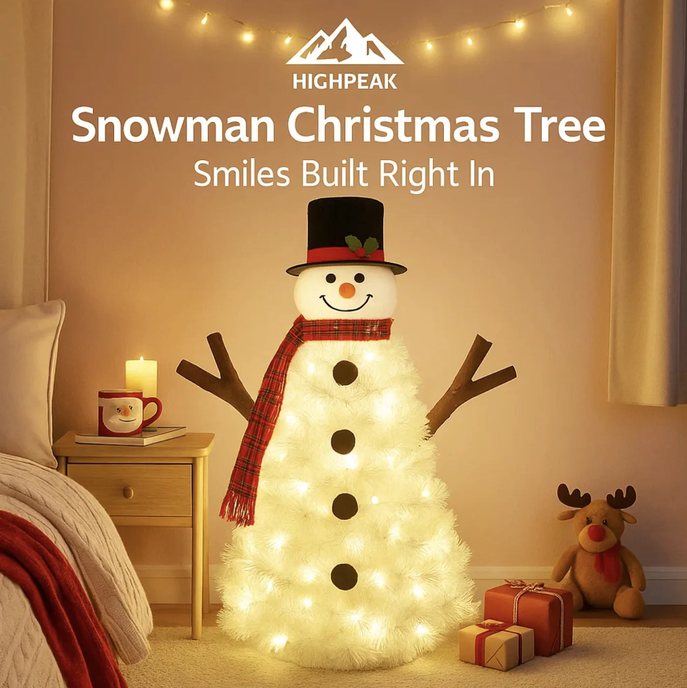 HighPeak Snowman Christmas Tree – 4ft Pre-Lit Tree with Lights & Decor