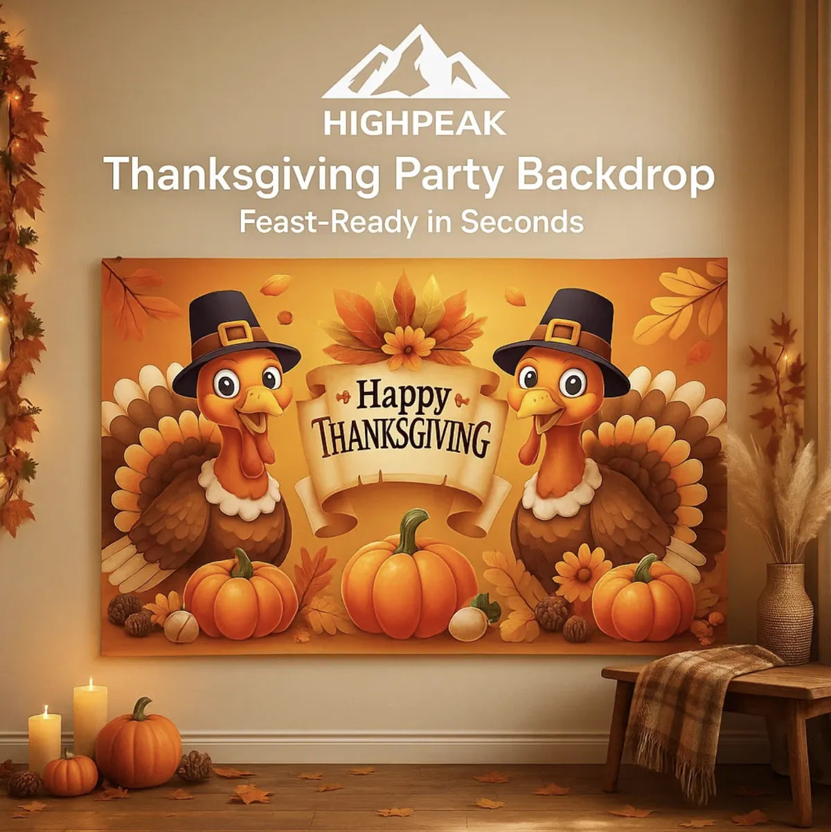HighPeak Thanksgiving Party Backdrop – Turkey & Pumpkin Wall Decor