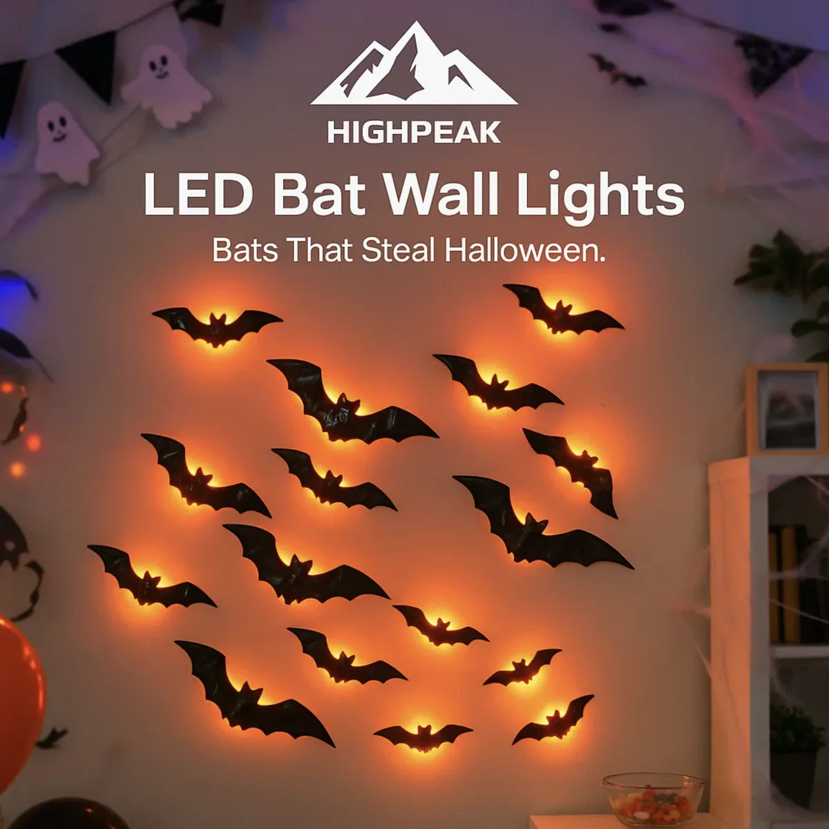 HighPeak LED Bat Wall Lights – 3D Halloween Luminous Bat Decorations