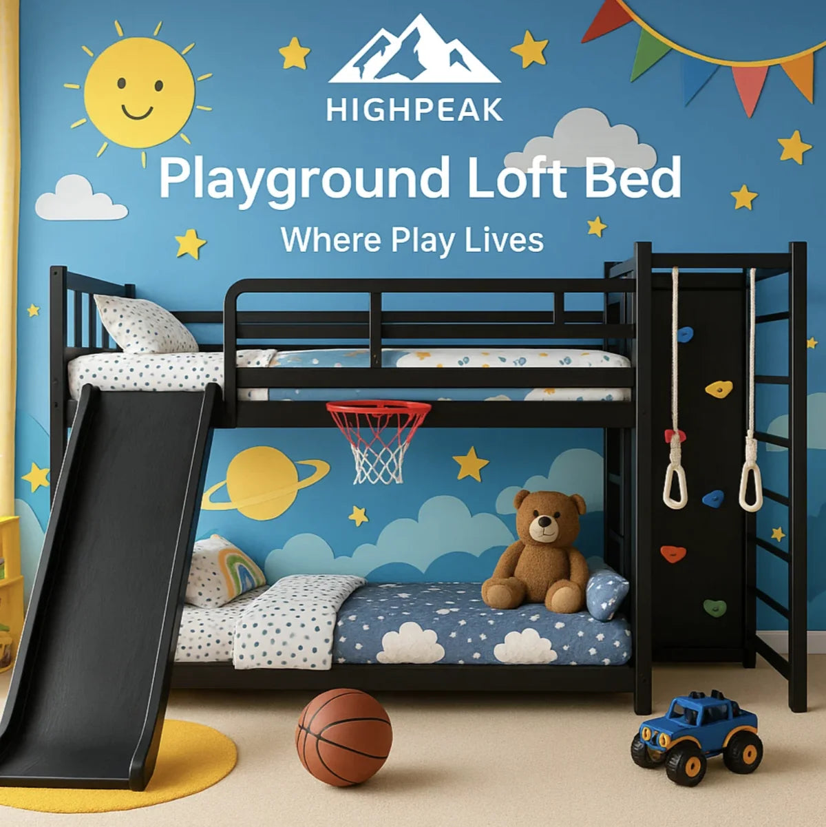 HighPeak Playground Loft Bed with Slide, Sports & Play Features