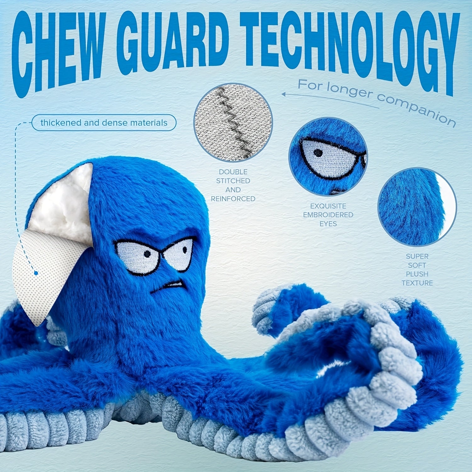 HighPeak Tough Dog Toy – Blue Octopus With Squeaker & Crinkle Fun