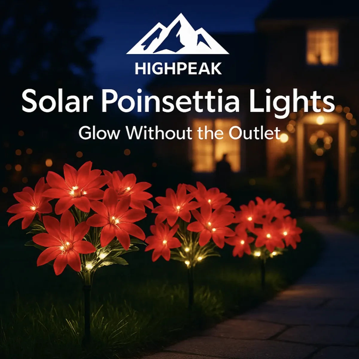 HighPeak Solar Poinsettia Lights – LED Christmas Flower for Garden