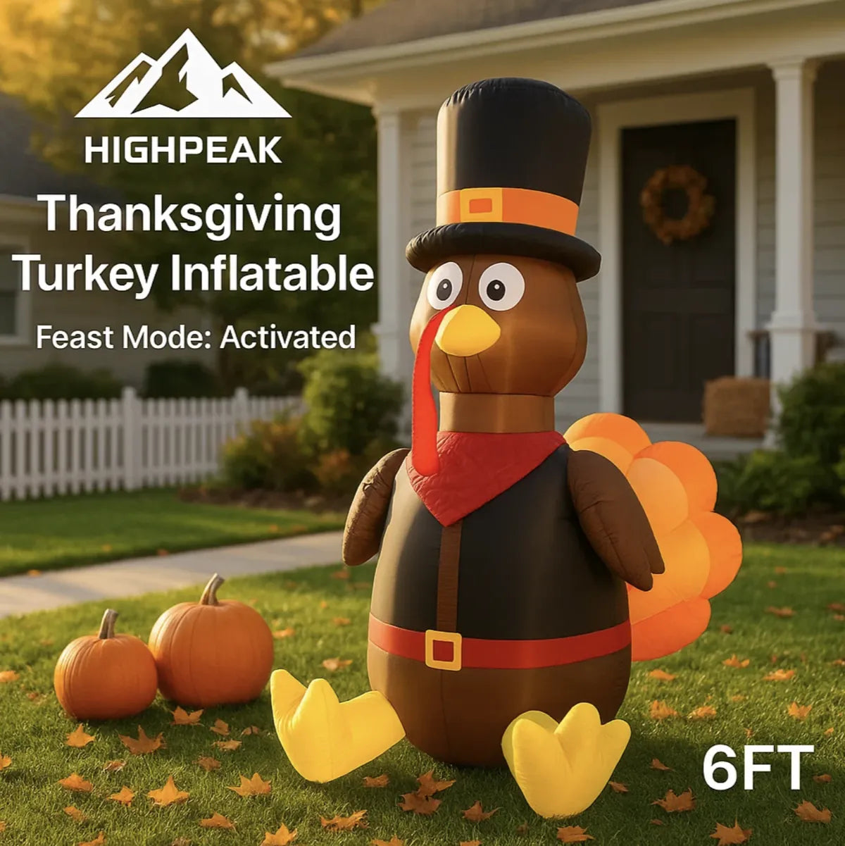 HighPeak 6FT Thanksgiving Turkey Inflatable with Lights for Yard Decor