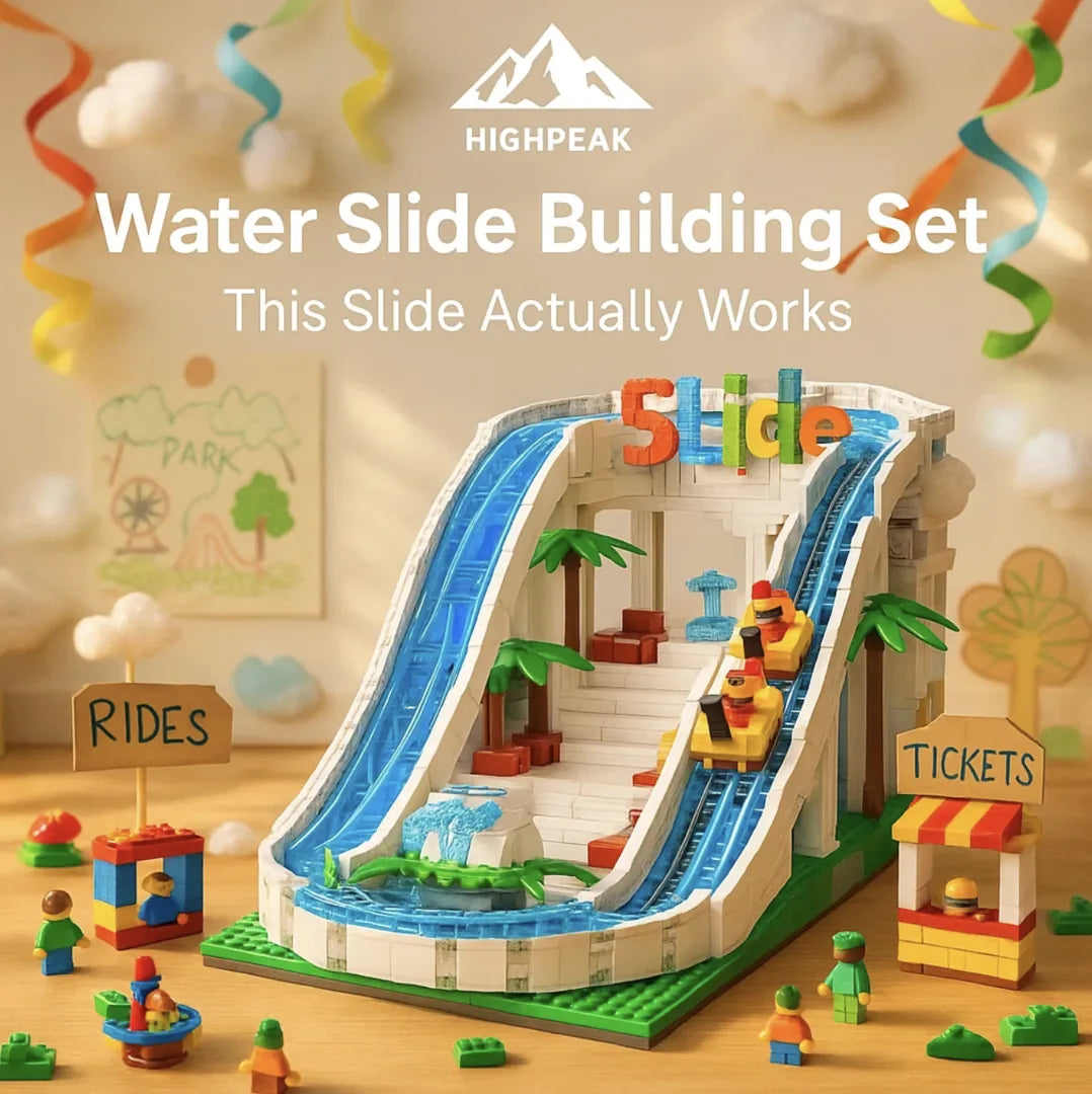 HighPeak Motorized Water Slide Set – 2088pc Amusement Building Toy