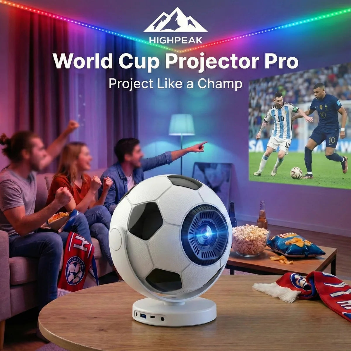 HighPeak World Cup Projector LED with WiFi, Bluetooth & 120" Display